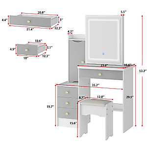 Homsee Vanity Desk Set Makeup Table with Large Sliding Lighted Mirror, Dressing Table with 4 Drawers, Hidden Storage Shelves & Cushioned Stool for Bedroom, White