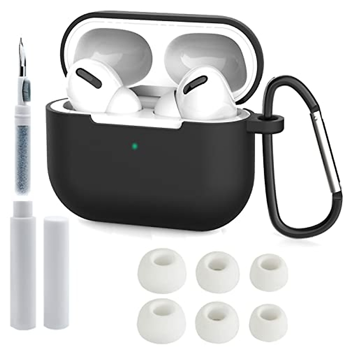 Geeice AirPods Pro Case with Cleaner kit and Replacement Ear Tips, 3 in 1 Soft Silicone Full Protective Cover with Keychain, Cleaning Pen and Noise Reduction Hole Eartips(S/M/L), Black