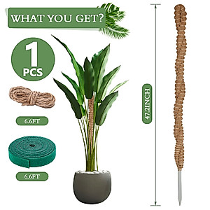 Moss Pole for Plants Monstera - 47 Inch Plant Stakes for Indoor, Moss Poles for Climbing Plants, Handmade Coco Coir Pole Plant Support for Creeper Plants Grow Upwards（Winding）