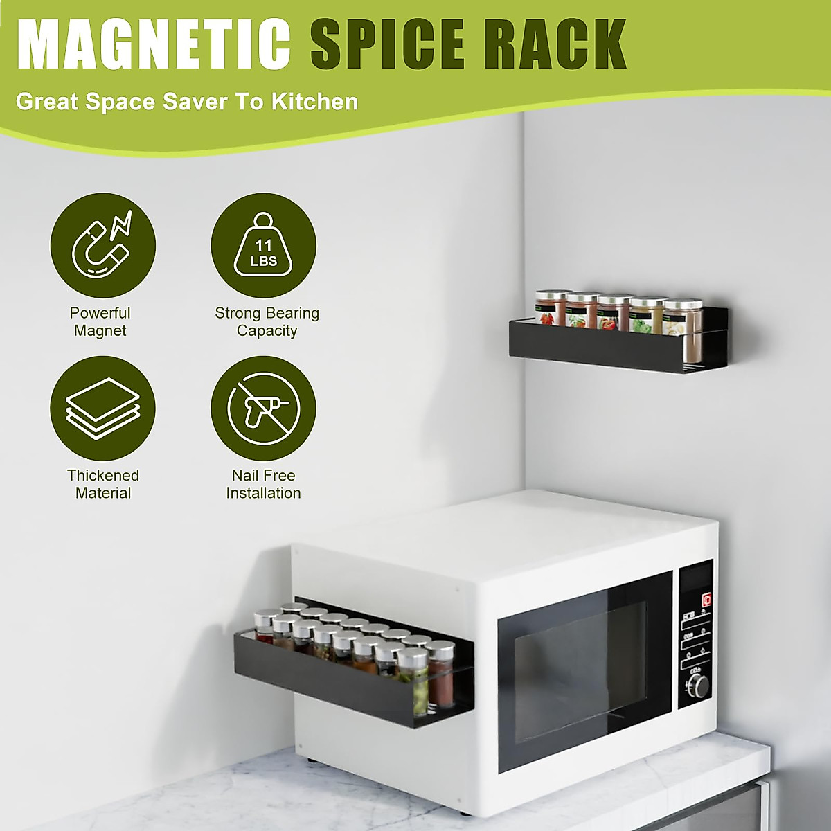 Hoenart Magnetic Spice Rack for Refrigerator, Moveable Magnetic Spice Organizer, 2 Pack Metal Strong Magnetic Shelf for Fridge and Microwave Oven, Space Saving for Kitchen (Black)