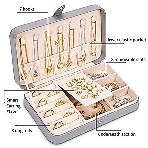 KCY Jewelry Box for Women Girls,Small Travel Jewelry Organizer Case,PU Leather Portable Jewellery Storage Boxes Display Holder for Ring Earrings Necklace Bracelet Bangle , Men Teen Kids Gift, Grey
