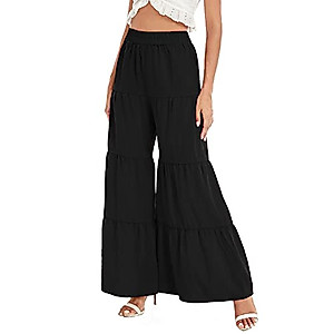 Floerns Women's Boho High Waisted Palazzo Pants Beach Ruffle Wide Leg Flowy Pants Black X-Large