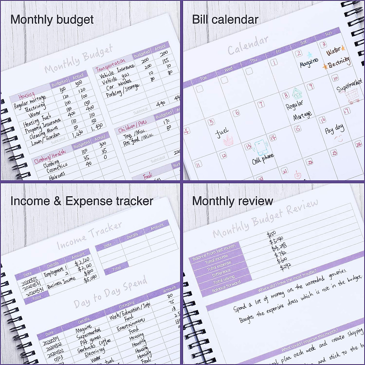 Monthly Budget Planner Book (Undated) with 12 Pockets for Income, Debt, Saving, Expense and Bill Tracker Organizer, Purple, Spiral Design