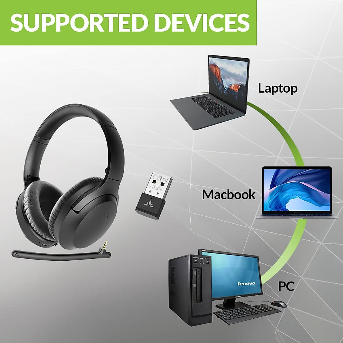 Avantree Aria 90B Bluetooth 5.0 Noise Cancelling Headphones with Microphone & USB Adapter for PC Computer Laptop Mobile Phones, 35Hrs Comfortable Wireless Headset for Music & Calls, Work from Home