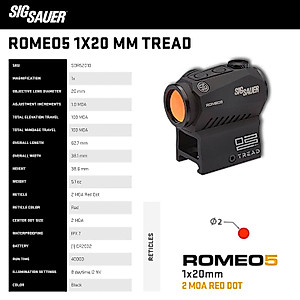 SIG SAUER Romeo5 1x20mm Tread Closed Red Dot Sight | High-Performance Durable Waterproof Fog-Proof Compact 2 MOA Red Dot Sight for SIG M400 Tread