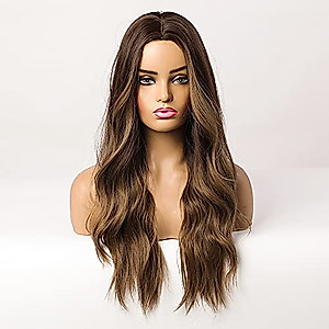 LEMONWIGS Long Natural Wavy Middle Part Brown Synthetic Wig for Women Heat Resistant Fiber Wigs