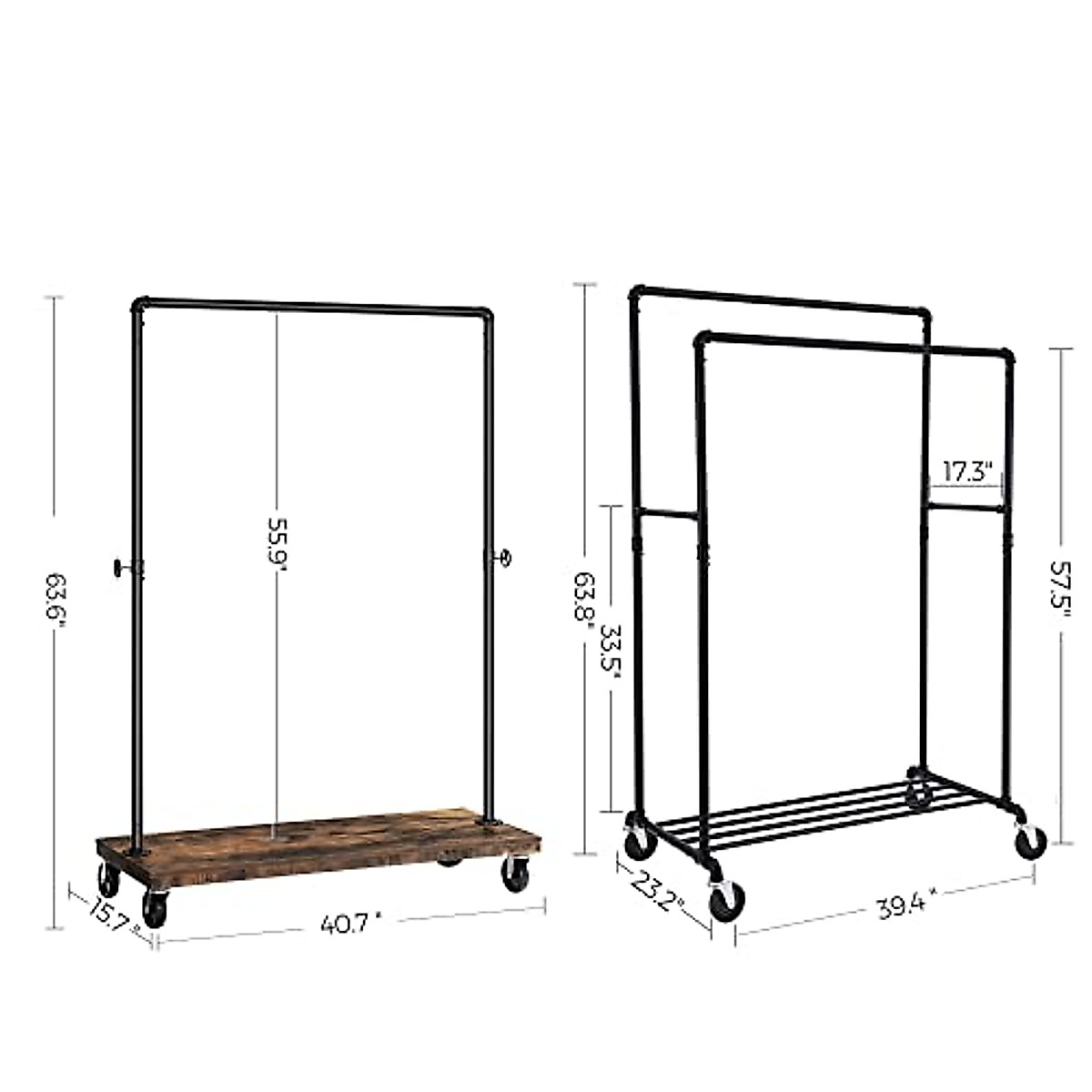 SONGMICS Heavy Duty Clothes Rack and Industrial Clothing Rack Bundle, Pipe Style Garment Racks on Wheels, Heavy Duty Racks with Shelves, Rustic Brown and Black UHSR60B and UHSR65BX