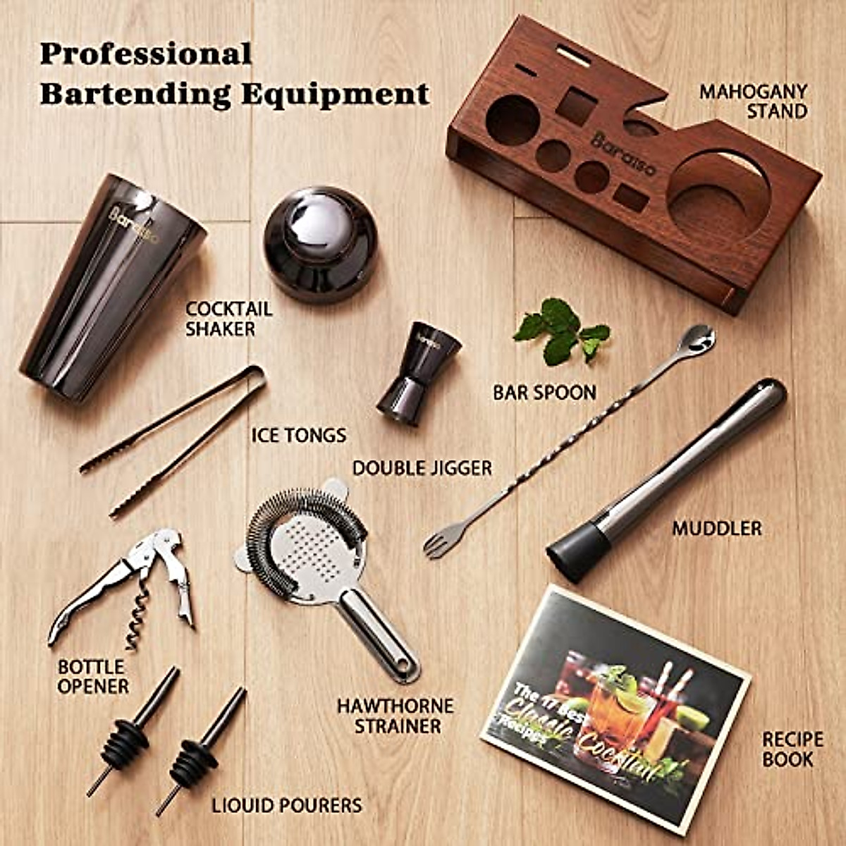 Baraiso Cocktail Shaker Set, Bartender Kit and Cocktail Shaker with Strainer, Bar Tool Kit Set and Mahogany Tool Sets with Mahogany Stand, Bar Accessories for The Home Bar Set - Black