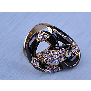 Alilang Black Enamel Body Purple Crystal Rhinestone Serpent Snake Fashion Sized Ring, Size 6