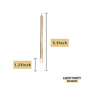 24 Count Birthday Party Long Thin Cake Candles Metallic Birthday Candles in Holders for Birthday Cakes Decorations , Champagne Gold by Lucky Party