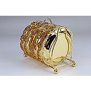 Collection 6 Piece Coaster Creative Drink Coasters with Decorative Rack Non-Slip Metal Cup Mats Tabletop Display with Holder for Bar,Home, Kitchen,Coffee Table Centerpieces Decoration (Golden)
