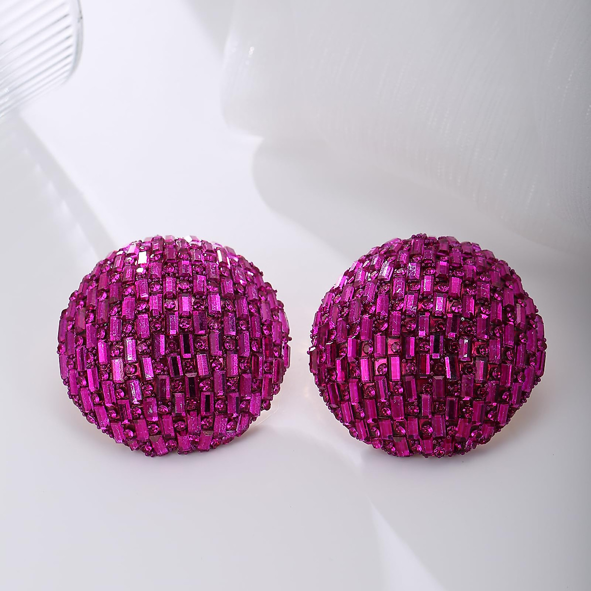 RUOFFETA Large Disco Ball Earrings, Sparkly Half-Ball Earrings for Women 60s 70s Outfits Costume Accessories(Hot Pink)
