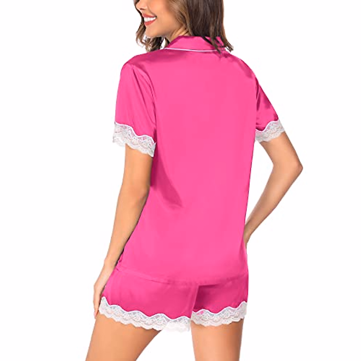 SWOMOG Women's Silk Lace Pajama Sets Satin Button Down Pjs Lace Shorts 2 Pcs Sleepwear Bridal Party Lounge Set with Pockets Red Rose