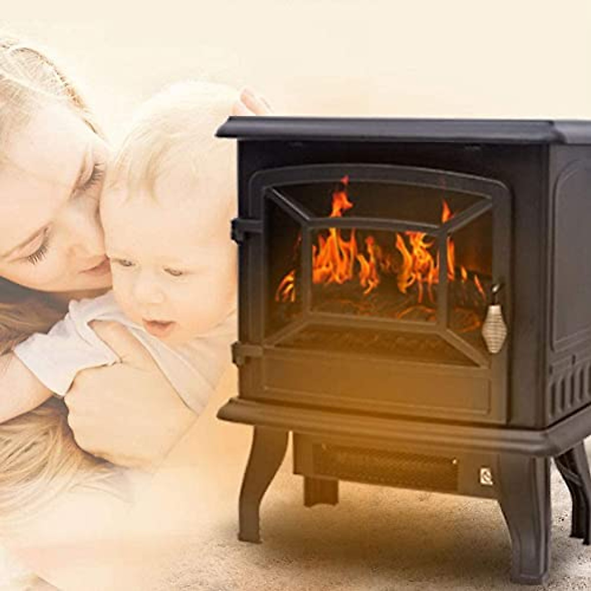 VOMKR Large Electric Stove Fires Freestanding, Portable Electric Stove Heater Fireplace, Electric Fire with 3D Log Wood Burning Flame Effect & 2 Heat Settings (Color : Red)