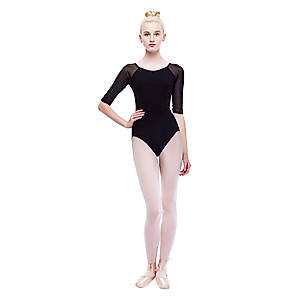 Cuulrite Black Ballet Dance Leotards for Women, Yoga Gymnastic Leotard Stretch Mesh Splice 34 Sleeve,Small