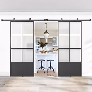JUBEST Double Barn Door 72 x 84 in with 12FT Hardware Kit and Soft Close Mechanism, 2 Sets of 36x84 in Paneled Frosted Glass Carbon Steel Frame Barn Door,Pocket Interior Door, Easy Assembly