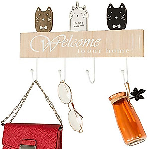 EXCELLO GLOBAL PRODUCTS Wall Mounted Cat Themed 16 in Coat Rack with 4 Hanging Hooks