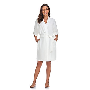 COLORFULLEAF Women's 100% Cotton Robes Summer Short Sleeve Bathrobe Knee Length Sleepwear with Pockets(White,M)