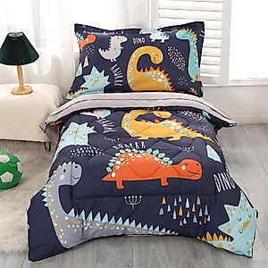 Wowelife Toddler Bedding Sets for Boys, Premium 4 Piece Dinosaur Toddler Comforter Set, Blue Grey Toddler Bed Set, Super Soft and Comfortable for Toddler(Dark Blue)