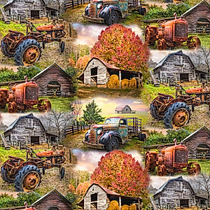 David Textiles Farm Barns & Tractors Scenic Multicolor Premium Quality 100% Cotton Fabric by The Yard.