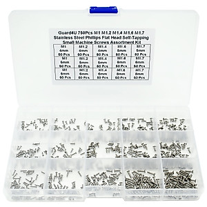 Guard4U 750Pcs 15-Size Metric M1 M1.2 M1.4 M1.6 M1.7 304-Stainless Steel Phillips Countersunk/Flat Head Self-Tapping Small Machine Screws Assortment Kit
