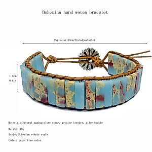 JEYAMTSOGE 7 Chakra Bracelet for Women with Real Gemstones Leather Boho Handmade Natural Stone Healing Yoga Bracelet Friendship Jewelry(Light blue agalmatolite)