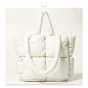 LMKIDS Large Puffer Tote Bag, Winter Soft Puffer Down Padding Shoulder Bags,Trendy Luxury Quilted Padded Handbags for Women (White)