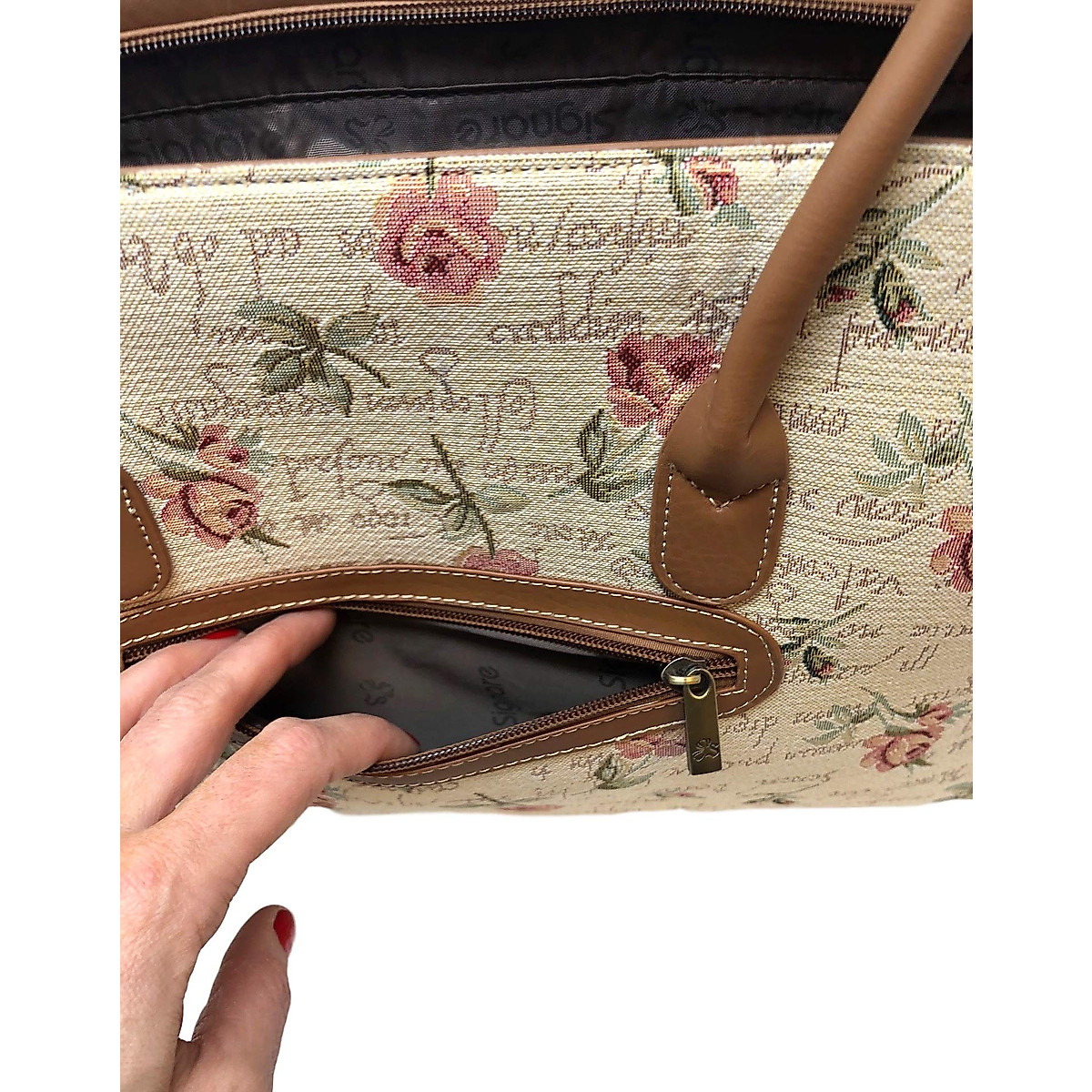 BANBERRY DESIGNS Pink Rose Tapestry Tote Bag With Brass Buckles 15