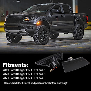 LED Side Marker Lights for Ford Ranger Lariat XL XLT 2019 2020 2021 2022 Ranger Smoked Lens Black Side Markers Fender Lamp Full Amber LED Strip Front Bumper Side Marker Turn Signals Side Light Lamps