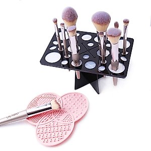 Makeup Brush Cleaning Mat & Makeup Brush Drying Rack, Diolan 28 Holes Makeup Brush Holder, Silicone Rubber Clover Shaped Mat Cleaner - Black & Pink