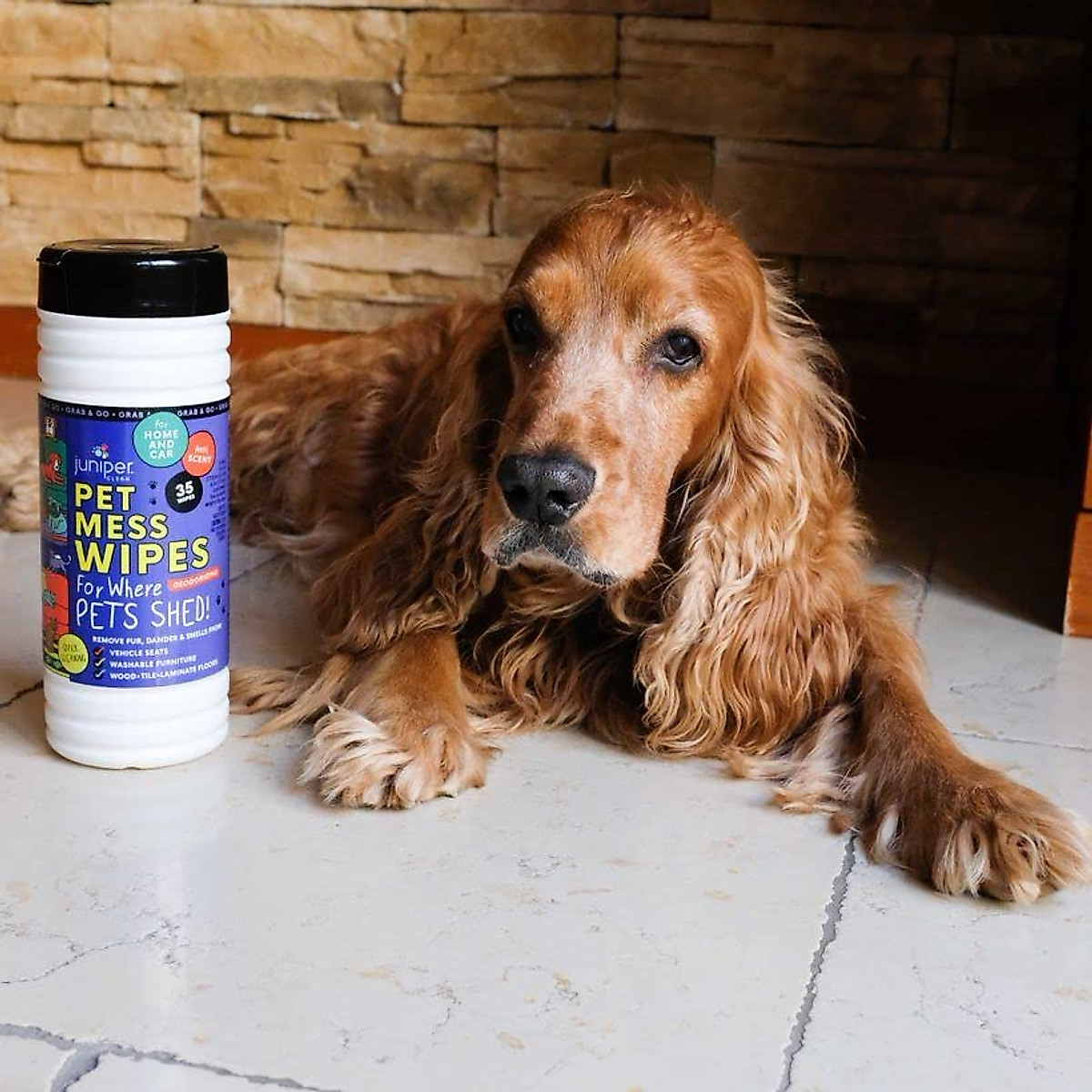 Juniper CLEAN, Pet Mess Wipes for Pets Cleansing, Wipes for Dogs and Puppies–Remove Fur, Dander, Smells from Vehicle Seats, Washable Furniture, Wood, Tile, and Laminate Floors, 50 Count (Pack of 1)