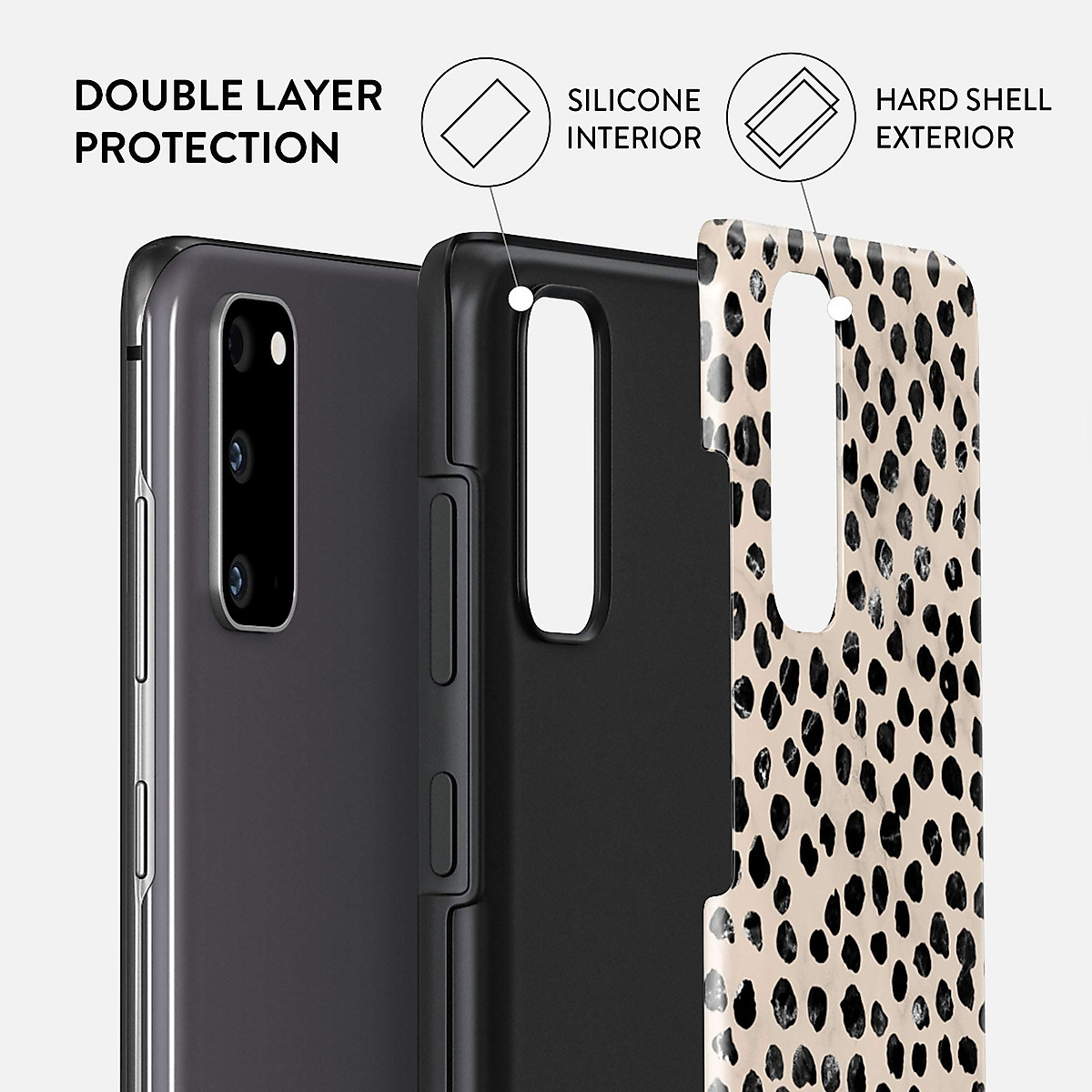BURGA Phone Case Compatible with Samsung Galaxy S20 - Hybrid 2-Layer Hard Shell + Silicone Protective Case -Black Polka Dots Pattern Nude Almond Latte - Scratch-Resistant Shockproof Cover
