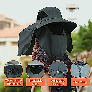 Fishing-Sun Hat Men UV-Protection Neck-Flap - Bucket Hat with Removable Face Cover & Neck Flap Wide Brim UPF 50+ Hiking Hat for Men and Women,Grey