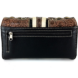 Justin West Western Purse Tooled Laser Cut Floral Design Studs Rhinestone Buckle Concealed Carry Handbag With Trifold Wristlet Cross Body Strap Wallet Set (Black White)