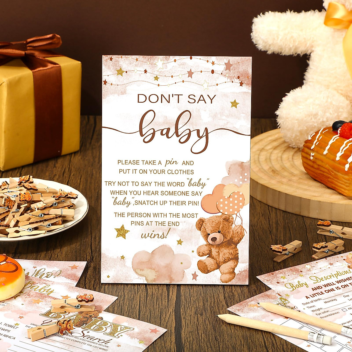 Patelai 321 Pcs Baby Shower Games Supplies, 5 Sets (50 Cards Each) Activities Cards with 20 Pencils 1 Don't Say Baby Sign 50 Clothespin(Brown Bear)