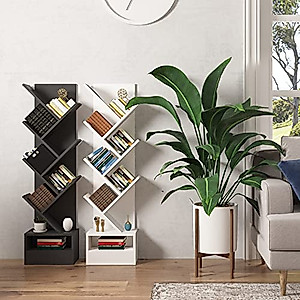 4NM Small Tree Bookshelf with Storage Space, Standing Bookcase for CD Storage and Magazine Rack, Wooden Book Tree Organizer Shelves for Small Spaces (White)