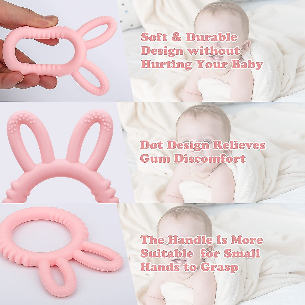 MISSLILI Silicone Babies Teethers Baby Teething Toys for Soothe Massage Sore Gums for 3-12 Months Infants, BPA Free, Ring Shape Rabbit Ear Design (Pink)