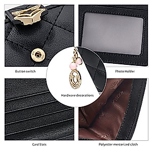 Small Leather Wallets for Women, Genuine Leather Gift Box Packing Ladies Mini Quilted Designer Purses Women's Fashion Checkered Bifold Wallet Girls Compact Accordion Wallet Credit Card Holders (Black)