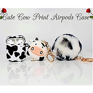 Redx1 Cow Airpod Case with Pompom and Strap Keychain Compatible with AirPods 2/1,Airpods Protective Hard Case Cover, Airpod Case for Women Girls Teen (Cow Print)