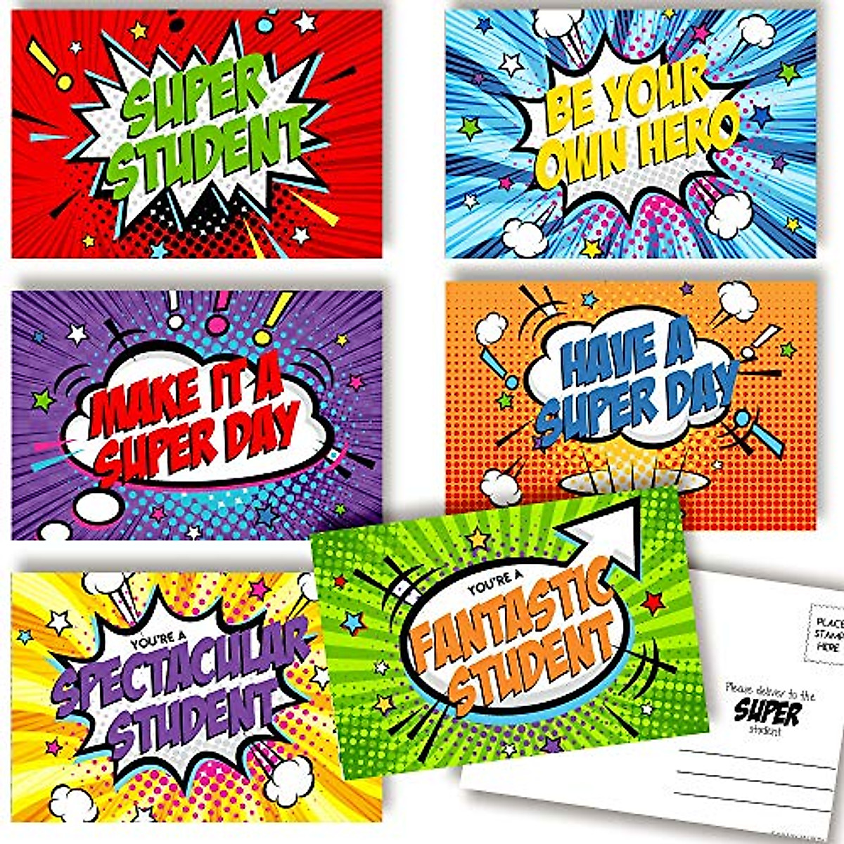 Super Student Superhero Themed Blank Postcards For Students From Teachers, Total of 30 4"x6" Fill In Notecards (5 of each design) by AmandaCreation