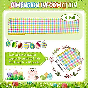4 Roll 40 Yard Easter Spring Pastel Wired Ribbon, Gingham Ribbon Pink Blue Yellow Green Plaid Wired Ribbon for Wreaths Easter Plaid Ribbons for Home Decor DIY Wrapping Crafts Decoration (2.5 Inch)