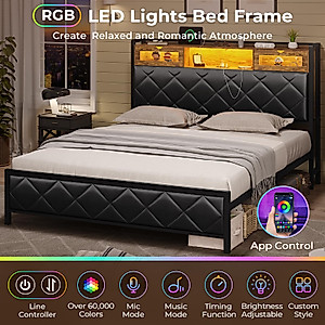DICTAC Queen LED Bed Frame with Bookcase Storage Headboard, Charging Station,Hidden Storage Space Metal Platform Bed Frame with Storage Shelves & LED Lights,Faux Leather,Heavy Duty Metal Slats,Black