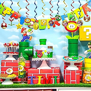 Mario Birthday Party Supplies, Mario Happy Birthday Themed Party Banner with 12 Hanging Swirls for Kids Boys Girls Birthday Baby Shower Mario Party Decorations
