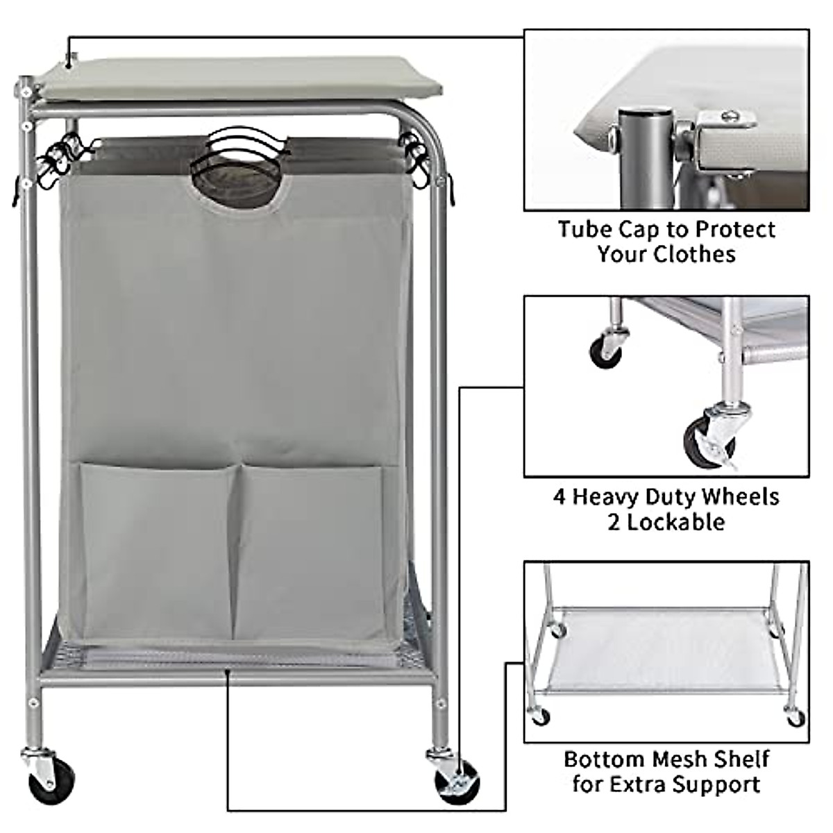 HollyHOME Laundry Basket Sorter with Ironing Board and 4 Wheels,Laundry Hamper with Sturdy Small Bags for Laundry Room Grey