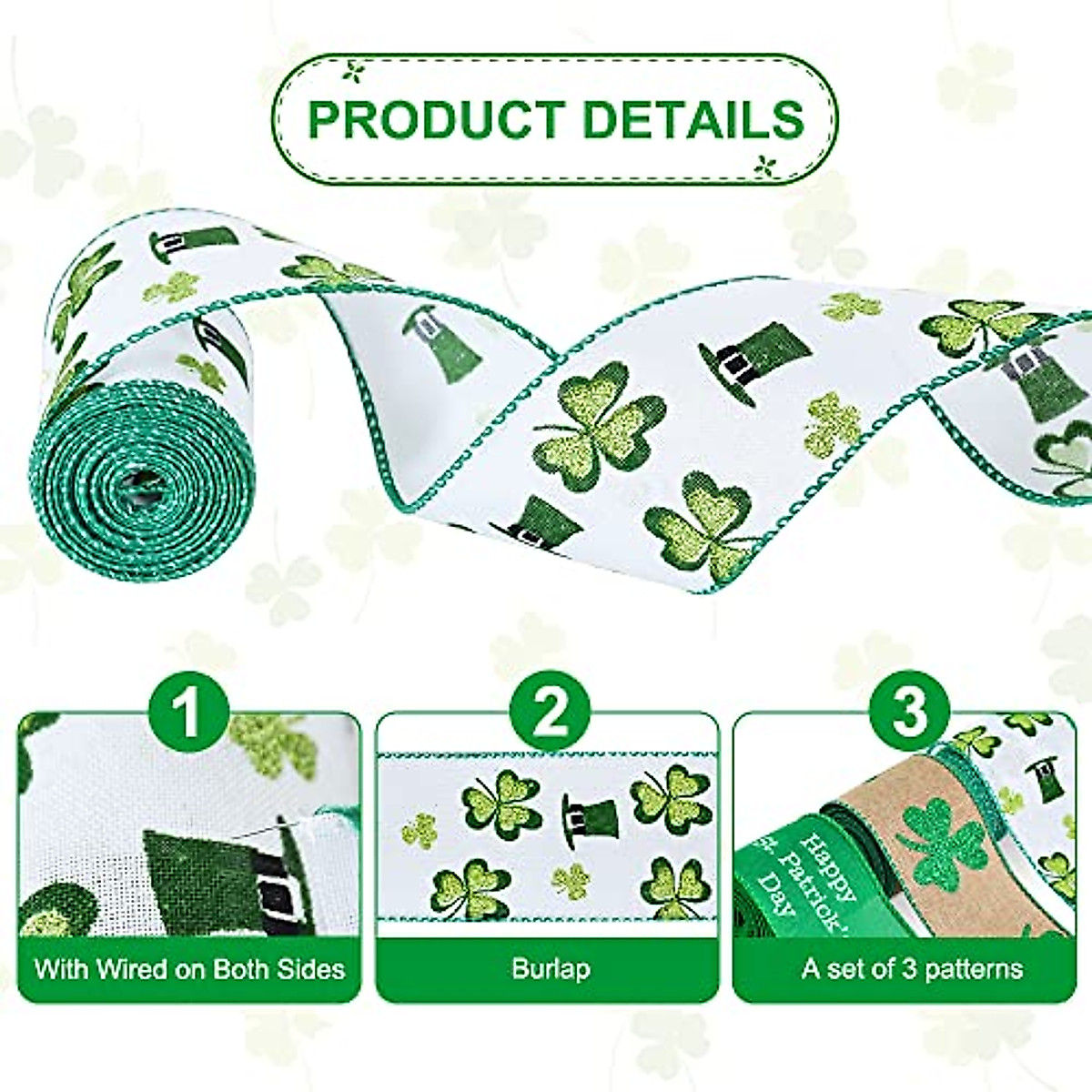 TONIFUL 3 roll Green and White Wired Burlap Ribbon, 2.5 inch x 6yd, Green Shamrock Leaves Good Luck Clover Wired Ribbons for St Patrick's Day Decor，Spring Summer Wreath Bows Crafts Gift Wrapping