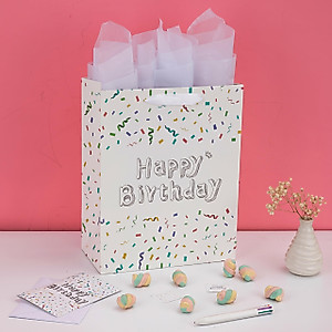 13" Large White Gift Bag Set with Greeting Card and Tissue Papers (Sketch-shaped Happy Birthday) for Women's or Men's Birthday Party, Girls', Boys' or Kids' Birthday Parties, Baby Shower, Baby Girl or Boy -10.2”x5.2”x13”,1 Pcs.