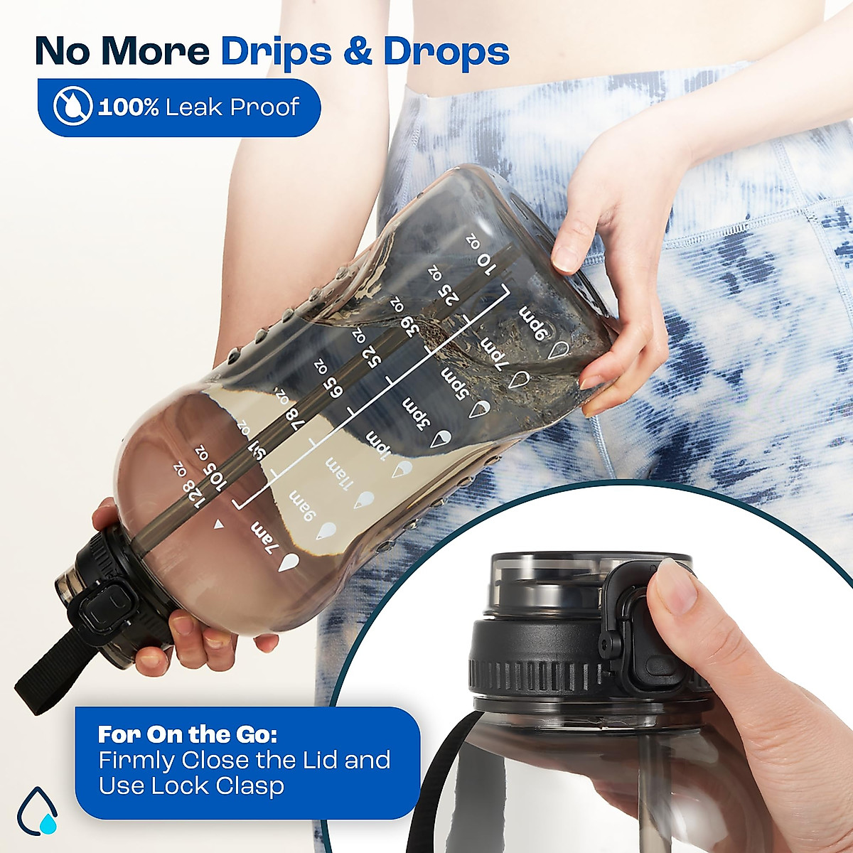 AQUAFIT 128 oz Water Bottle with Time Marker - 2in1 Straw & Chug Lid - BPA Free Big Water Bottle with Straw - Gym Water Bottle with Strap - Water Jug (128 Ounces, Nebula)