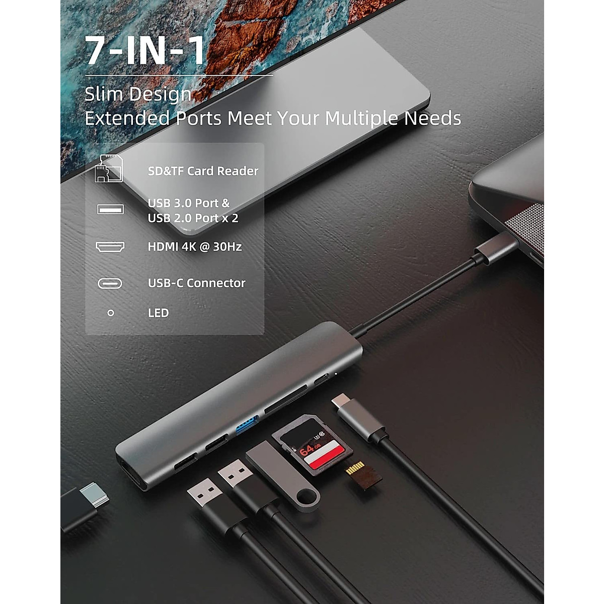 USB C Hub, Slim Aluminum Body, USB C Adapter, 7 in 1 with 4K HDMI Output, 1 USB 3.0, 2 USB-A, SD/TF Card Reader, 100W PD, USB C Dongle for MacBook Pro/ Air, iPad Pro, Dell XPS More Type C Devices