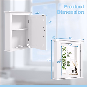 Safeplus White Medicine Cabinet with Mirror, Wall Mounted Adjustable Storage for Bathroom, Living Room, Bedroom, Entryway and Kitchen