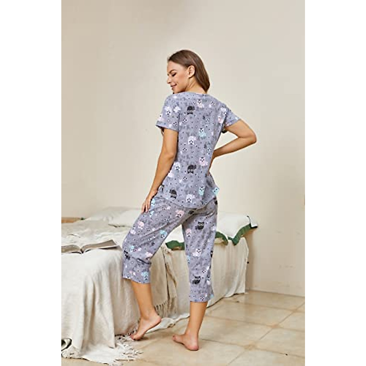 PNAEONG Women Pajama Set Sleepwear Tops with Capri Pants Casual and Fun Prints Pajama Sets SY215-Gray Owl-M